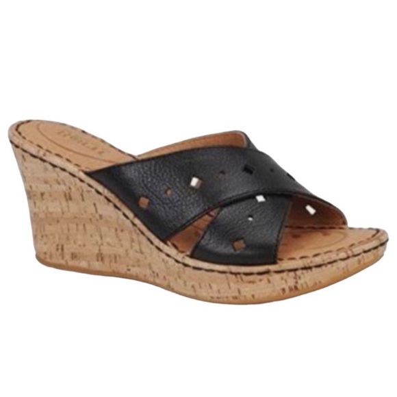 Born | Shoes | Born Cross Font Cork Wedge Heel Sandals In Black Leather ...